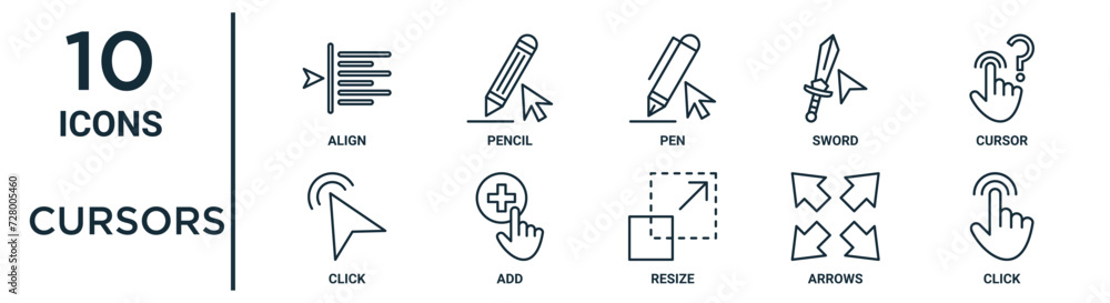 Vetor de cursors outline icon set such as thin line align, pen, cursor, add, arrows, click ...