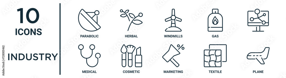 industry outline icon set such as thin line parabolic, windmills ...
