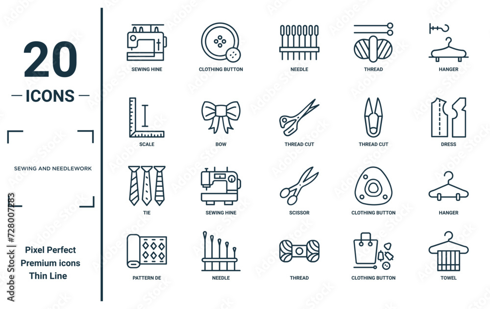 sewing and needlework linear icon set. includes thin line sewing hine ...