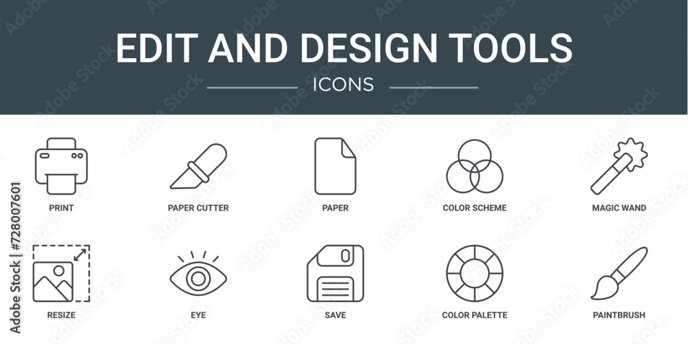 set of 10 outline web edit and design tools icons such as print, paper ...