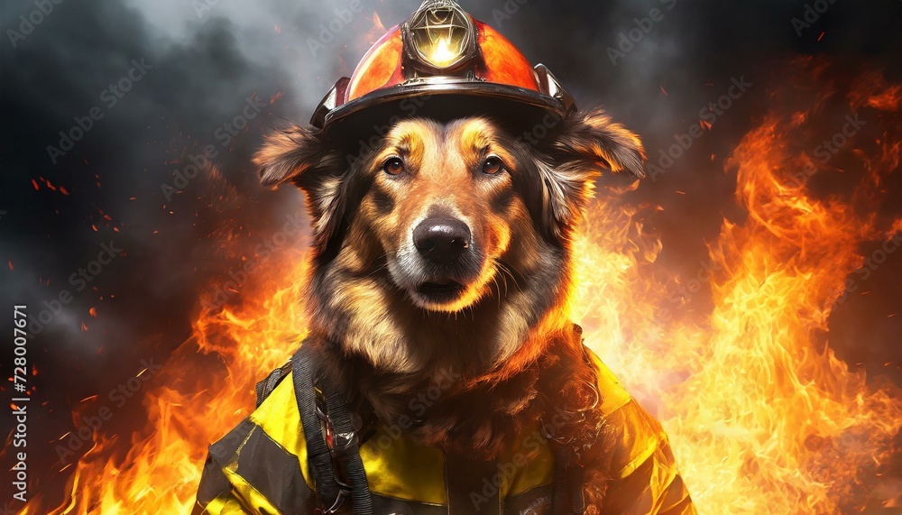 Portrait, confident looking canine hero isolated in firefighter uniform ...