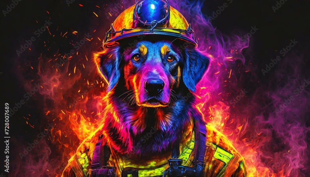 Portrait, confident looking canine hero isolated in firefighter uniform ...