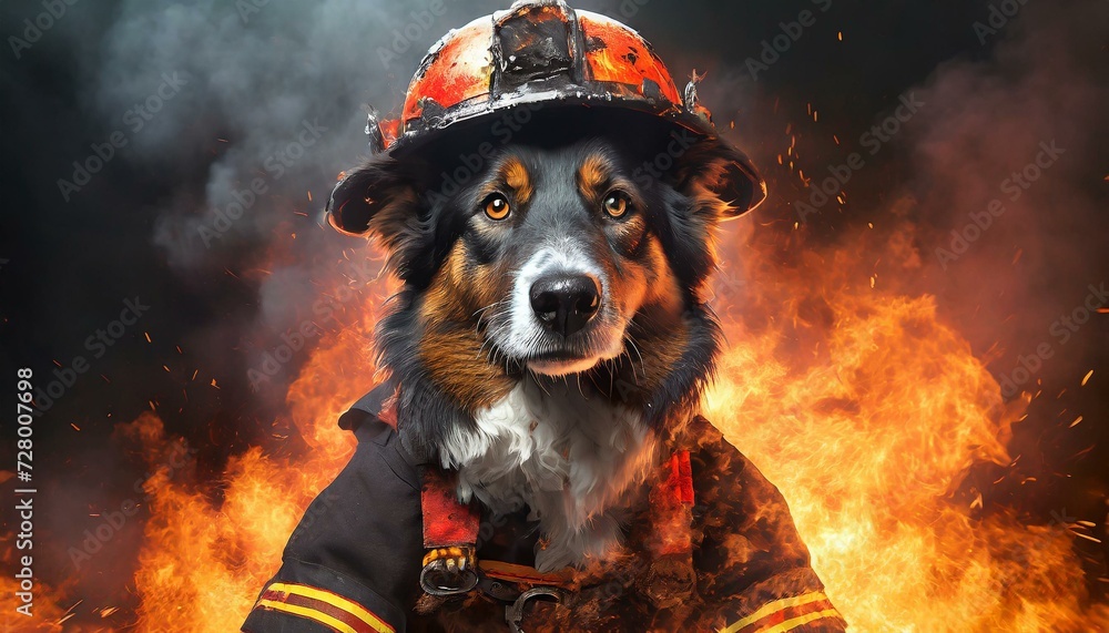 Portrait, confident looking canine hero isolated in firefighter uniform ...