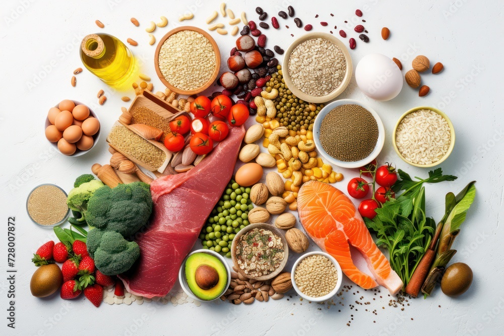 Food pyramid: Top view of various kinds of multicolored food types like ...