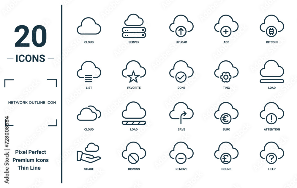 network outline icon linear icon set. includes thin line cloud, list, cloud, share, help, done ...
