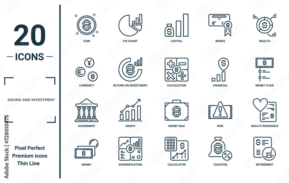 saving and investment linear icon set. includes thin line coin, currency, goverment, money ...