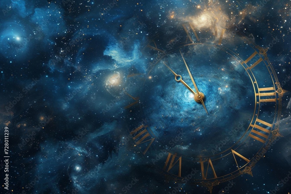 Cosmic clock concept illustrating the flow of time in the universe With ...