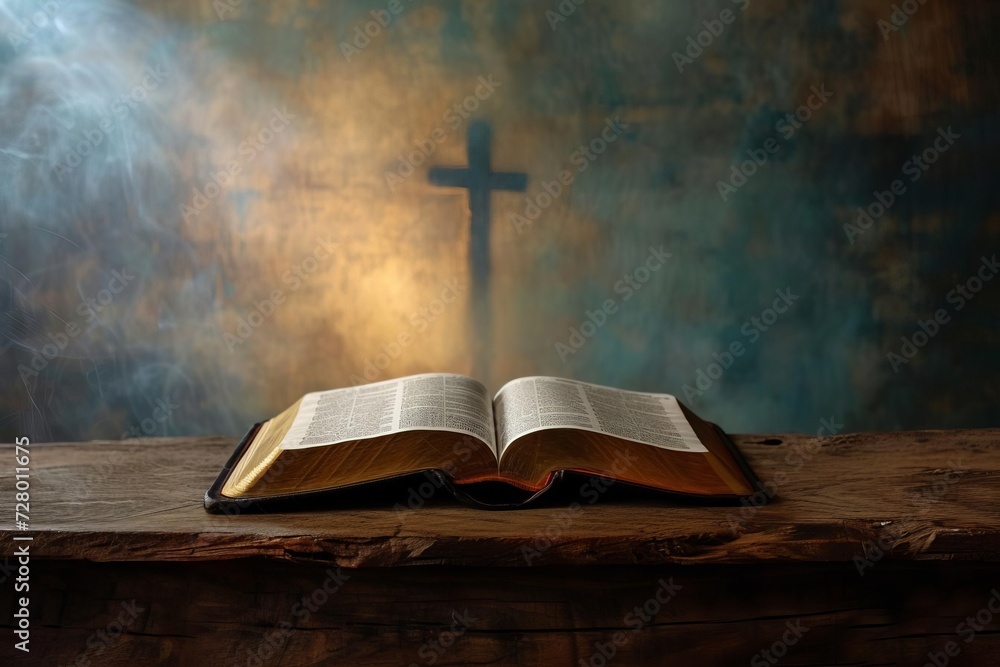 Ethereal light emanating from an open ancient bible on a wooden table ...