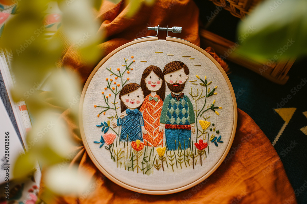 cute portrait of happy family with child embroider in a wooden hoop ...