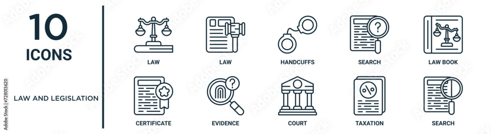 Vetor de law and legislation outline icon set such as thin line law ...