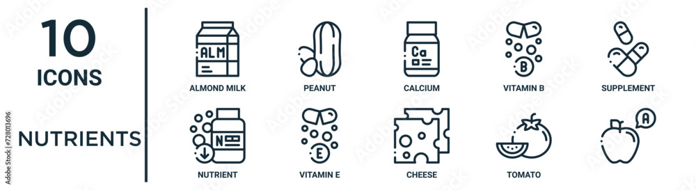 nutrients outline icon set such as thin line almond milk, calcium ...