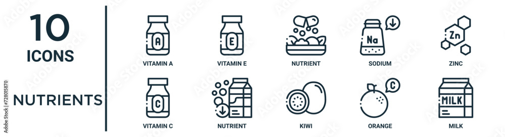 Vecteur Stock nutrients outline icon set such as thin line vitamin a ...