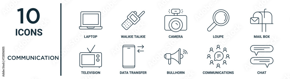 communication outline icon set such as thin line laptop, camera, mail ...