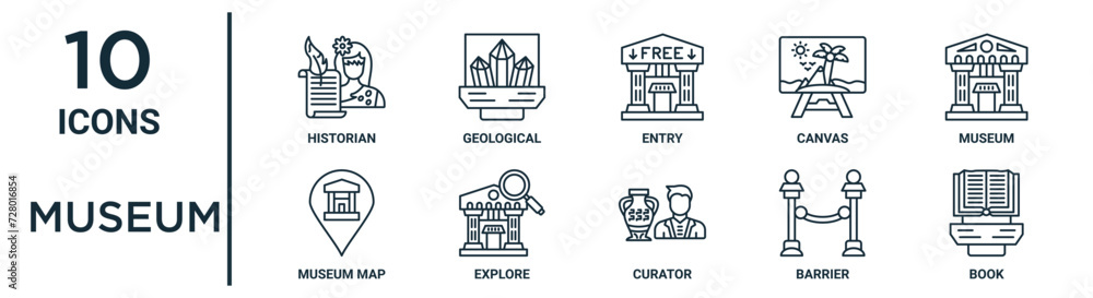 museum outline icon set such as thin line historian, entry, museum ...