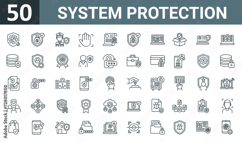 set of 50 outline web system protection icons such as service ...
