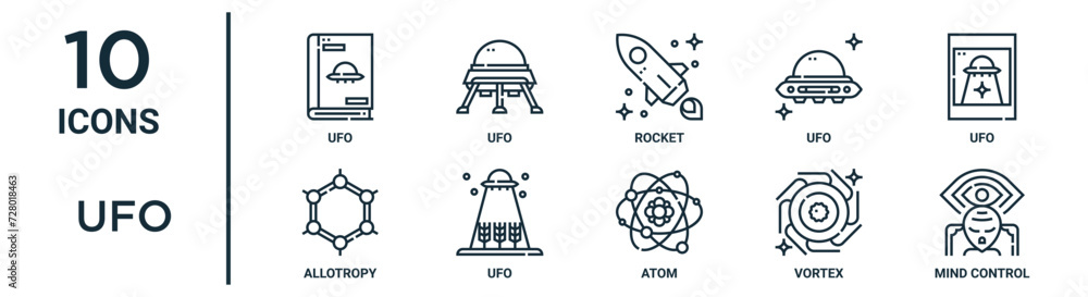 ufo outline icon set such as thin line ufo, rocket, ufo, vortex, mind ...
