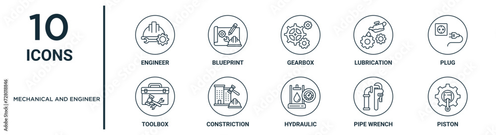 Vetor de mechanical and engineer outline icon set such as thin line ...
