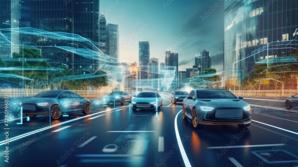 Driverless car. Autonomous cars on the road using technologies Stock ...