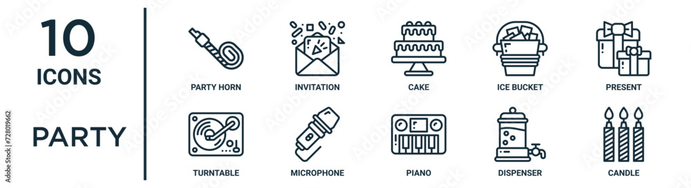 party outline icon set such as thin line party horn, cake, present ...