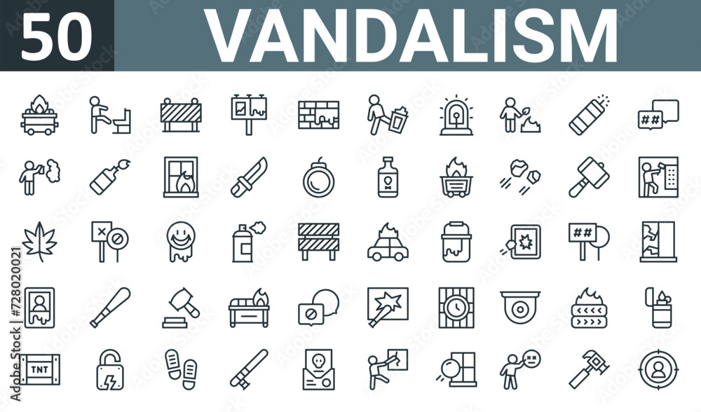 set of 50 outline web vandalism icons such as dumpster fire, kicking ...
