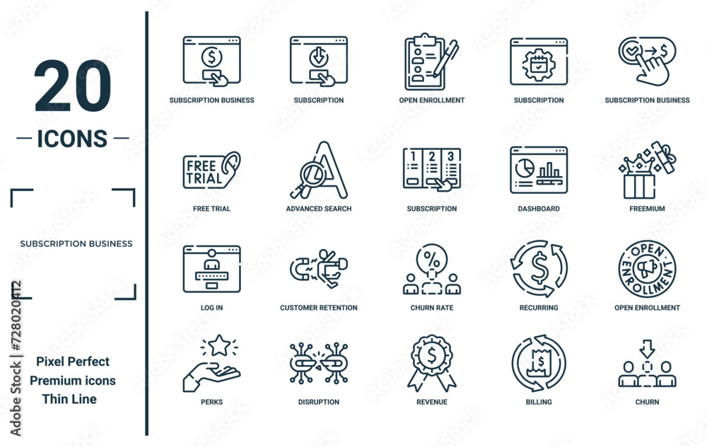 subscription business linear icon set. includes thin line subscription ...
