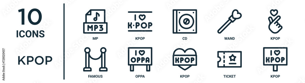 kpop outline icon set such as thin line mp, cd, kpop, oppa, ticket ...