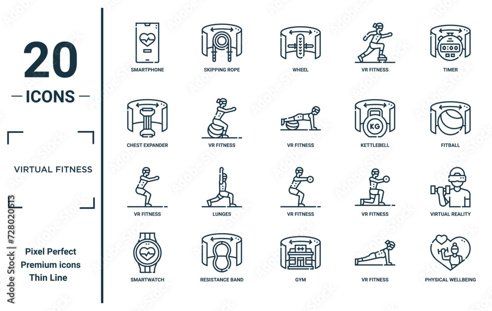 virtual fitness linear icon set. includes thin line smartphone, chest ...