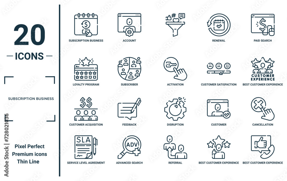 subscription business linear icon set. includes thin line subscription ...