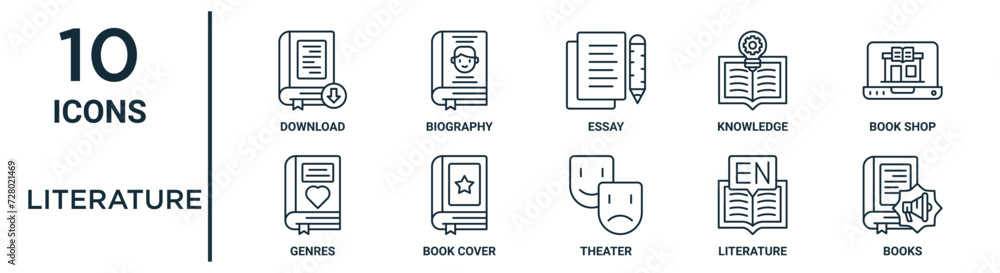 literature outline icon set such as thin line download, essay, book ...