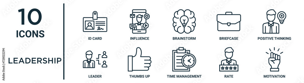 Vetor de leadership outline icon set such as thin line id card ...