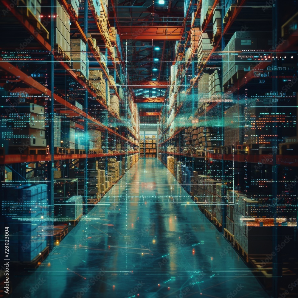 Smart Warehouse Operations and Data Analysis. Aisle in a warehouse enhanced with smart ...