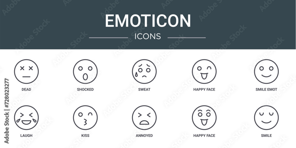 set of 10 outline web emoticon icons such as dead, shocked, sweat ...
