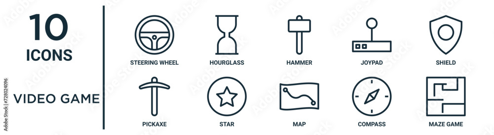 video game outline icon set such as thin line steering wheel, hammer ...