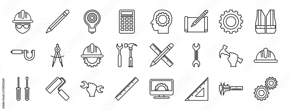 set of 24 outline web engineering icons such as engineer, pencil, idea ...