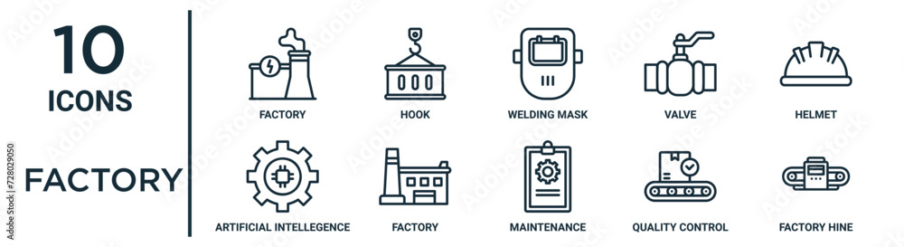 factory outline icon set such as thin line factory, welding mask ...