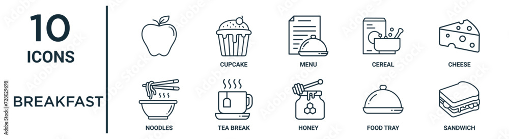 breakfast outline icon set such as thin line , menu, cheese, tea break ...