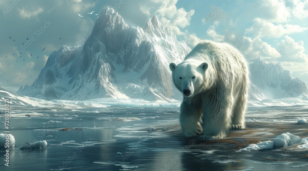 Arctic 3D wilderness with towering icebergs, snow-capped mountains, and ...