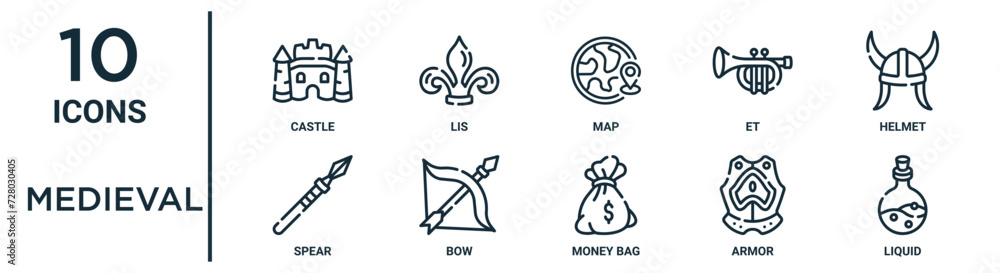 Vecteur Stock medieval outline icon set such as thin line castle, map ...