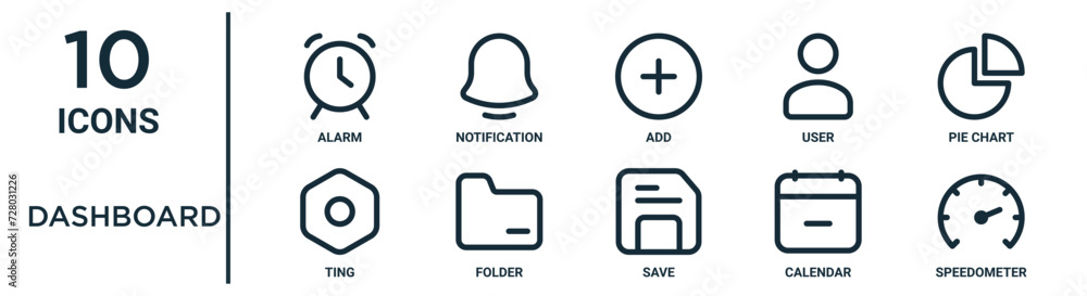 dashboard outline icon set such as thin line alarm, add, pie chart ...