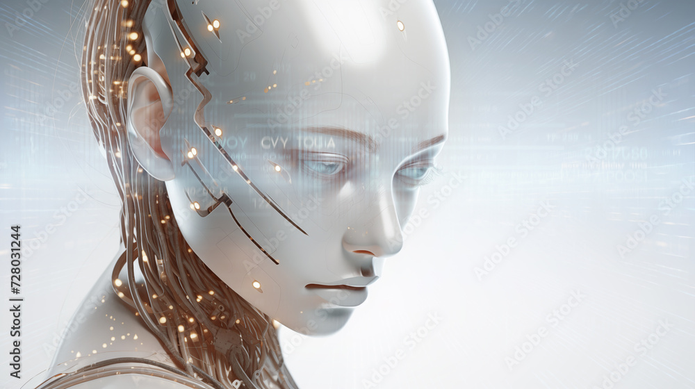 Cybergirl robotic humanoid side head view with many wires interlaced ...