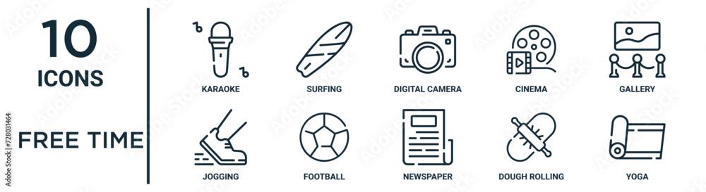 free time outline icon set such as thin line karaoke, digital camera ...
