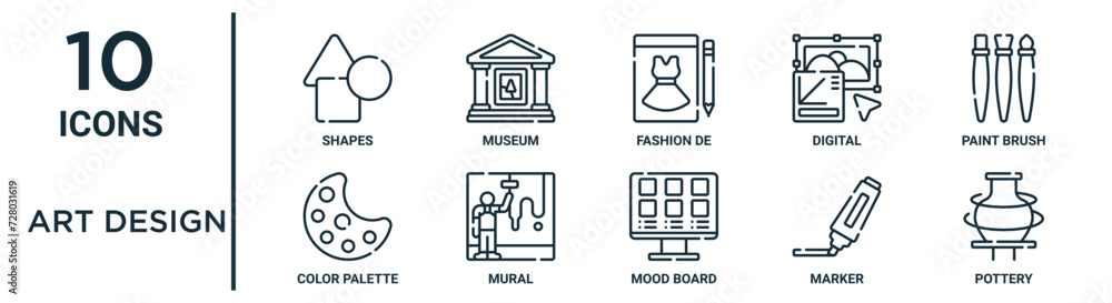 art design outline icon set such as thin line shapes, fashion de, paint brush, mural, marker ...