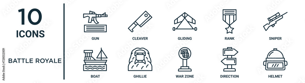 battle royale outline icon set such as thin line gun, gliding, sniper ...