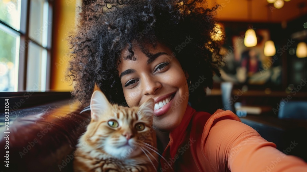 Gorgeous smiling young girl with her cat in hotel room taking selfie, pet friendly hotel. Woman ...