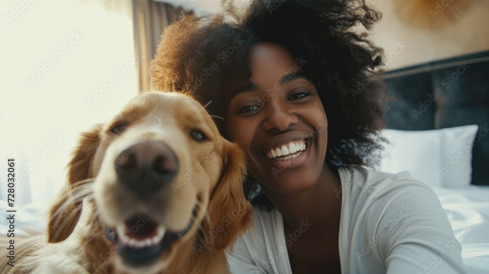 Smiling african americane young girl with lovely dog taking selfie in a ...