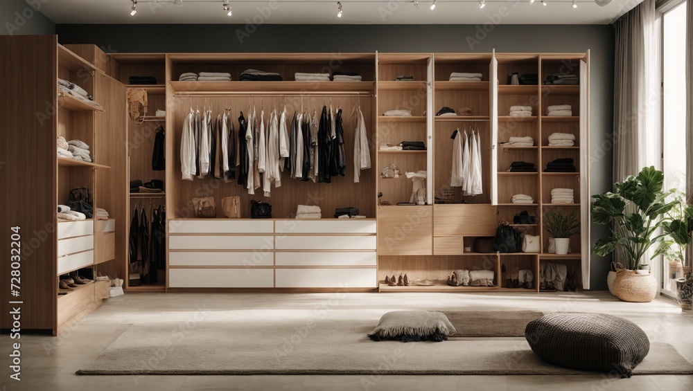 There are shelves, rods, and drawers in this contemporary, minimalist ...