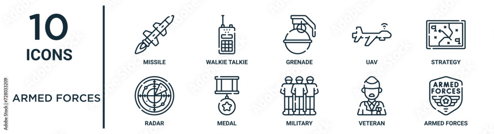 Vetor de armed forces outline icon set such as thin line missile ...