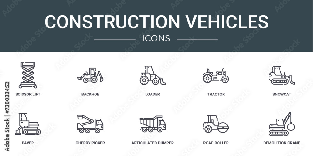 set of 10 outline web construction vehicles icons such as scissor lift ...