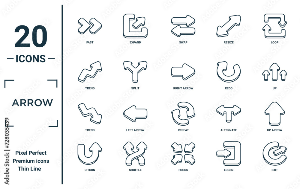 arrow linear icon set. includes thin line fast, trend, trend, u turn ...