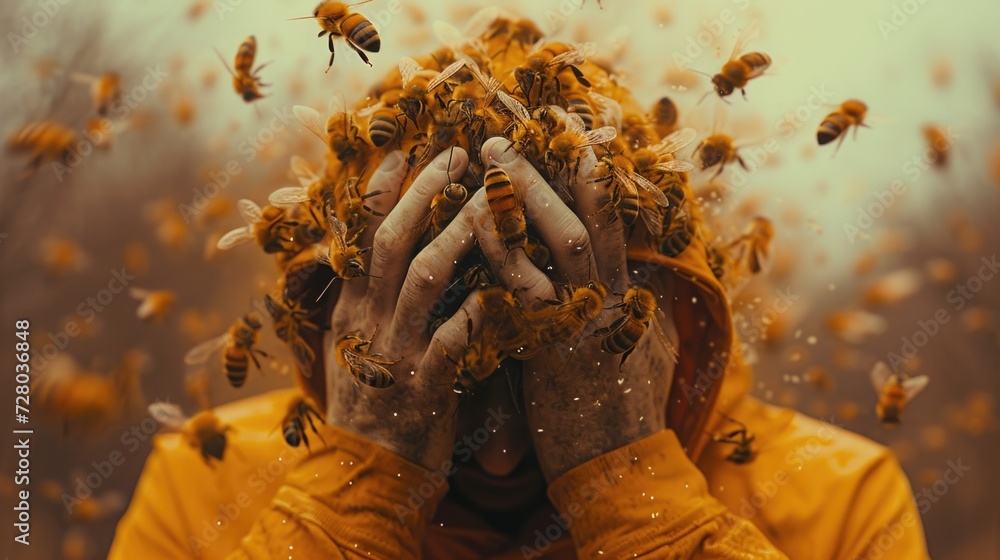 bees attack a person. a swarm of bees surrounded man's head. the man ...